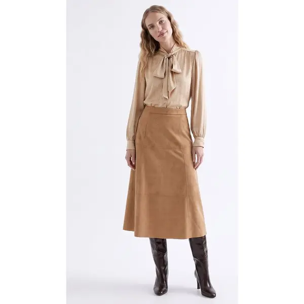 EXQUISE Stitch Detail Suede Midi Skirt With Zipper - Camel