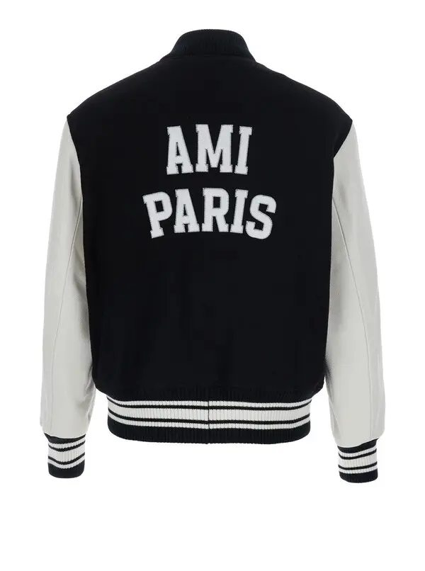 AMI Paris Jacket Teddy Padded With Leather Sleeves In Black Fabric