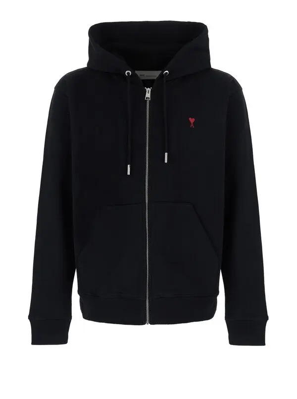 AMI Paris Black Zip-up Sweatshirt With De Coeur Logo In Red, Made Of Cotton - Multicolor