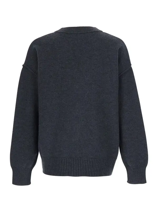 AMI Paris Grey V-neck Cardigan With Adc Embroidery On The Front In Wool For