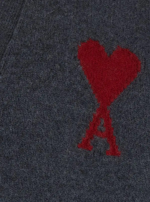 AMI Paris Grey V-neck Cardigan With Adc Embroidery On The Front In Wool For