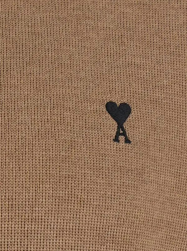 AMI Paris Beige Crewneck Sweater With Adc Embroidery On The Front In Blend Wool - Cream