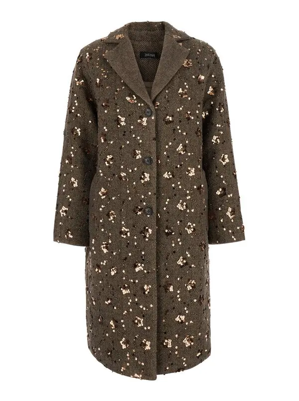 LEPLAIN Brown Coat With Notched Revers And All-over Sequins In Fabric And Wool For