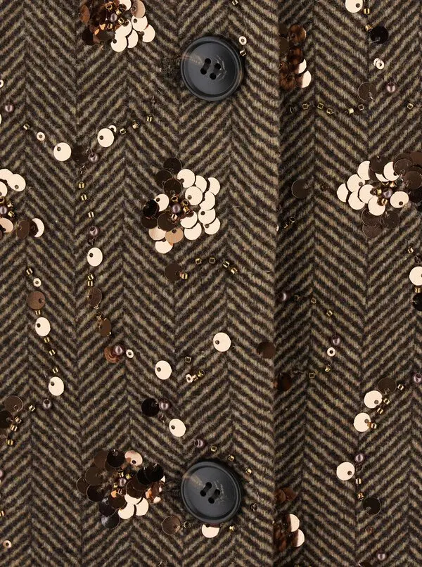 LEPLAIN Brown Coat With Notched Revers And All-over Sequins In Fabric And Wool For