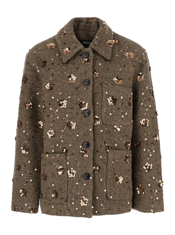 LEPLAIN Brown Short Coat With Notched Revers And All-over Sequins In Fabric And Wool For