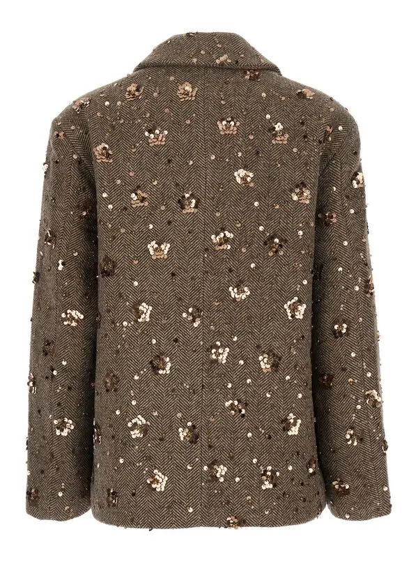 LEPLAIN Brown Short Coat With Notched Revers And All-over Sequins In Fabric And Wool For