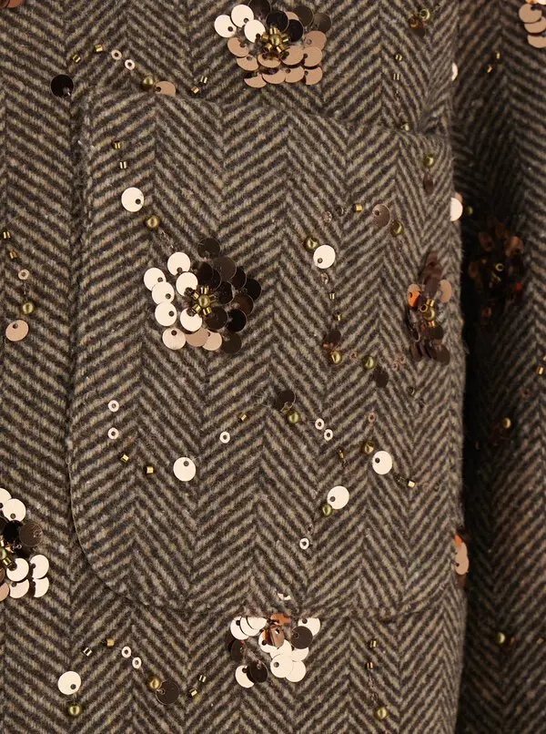 LEPLAIN Brown Short Coat With Notched Revers And All-over Sequins In Fabric And Wool For