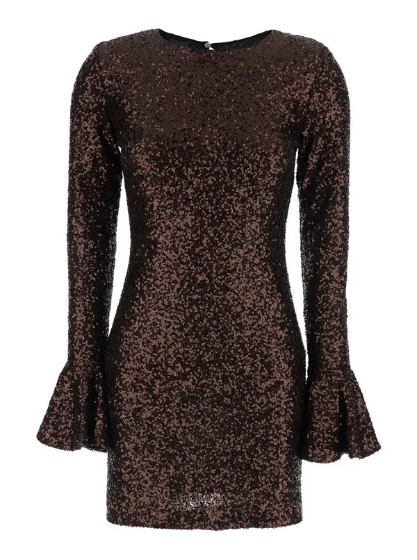LEPLAIN Brown Dress With Round Neck And All-over Applied Sequins In Fabric For