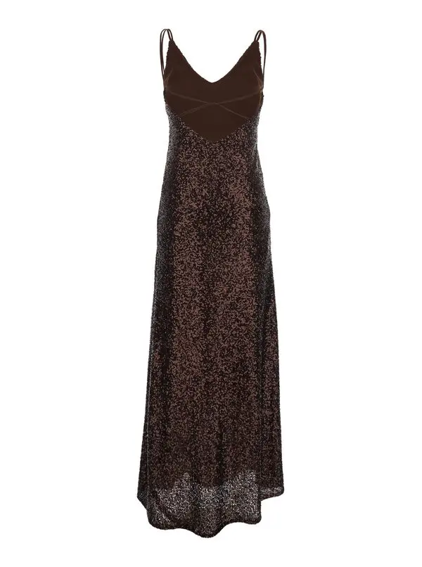 LEPLAIN Long Dress Plain With Straps And All-over Applied Sequins In Brown Fabric For