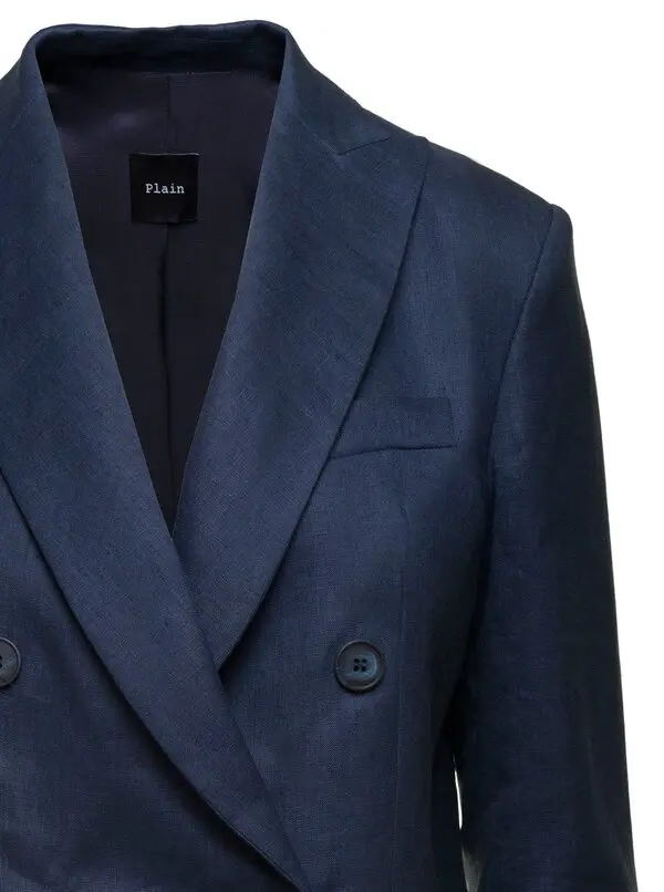 LEPLAIN Blue Double-breasted Blazer In Linen