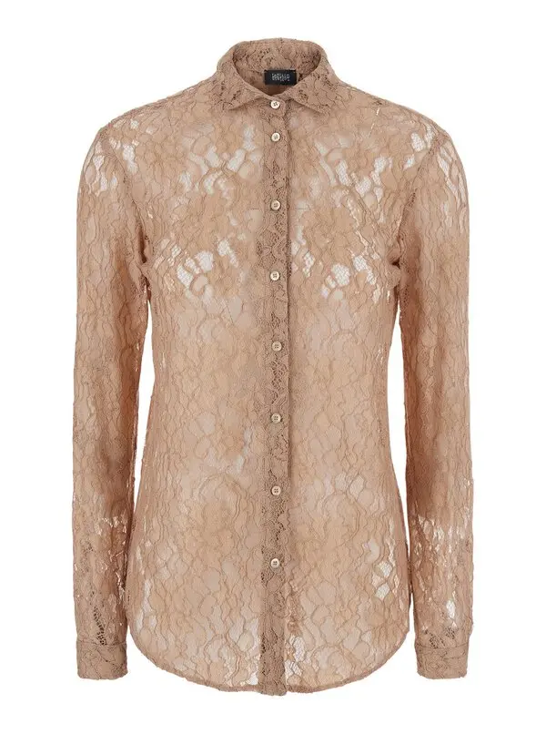 LEPLAIN Beige Shirt With Classic Collar And All-over Lace Embroidery In Fabric For - Cream