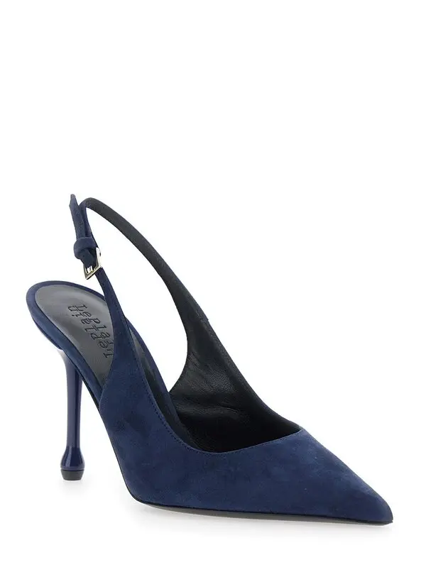 LEPLAIN Pointed Toe Pumps With Adjustable Strap In Blue Suede For