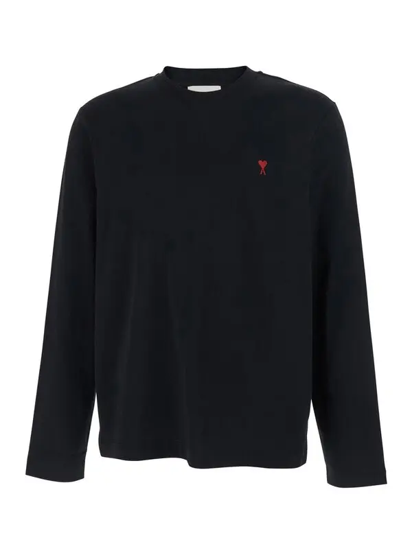 AMI Paris Long Sleeve T-shirt With De Coeur Logo On The Front In Cotton For - Black