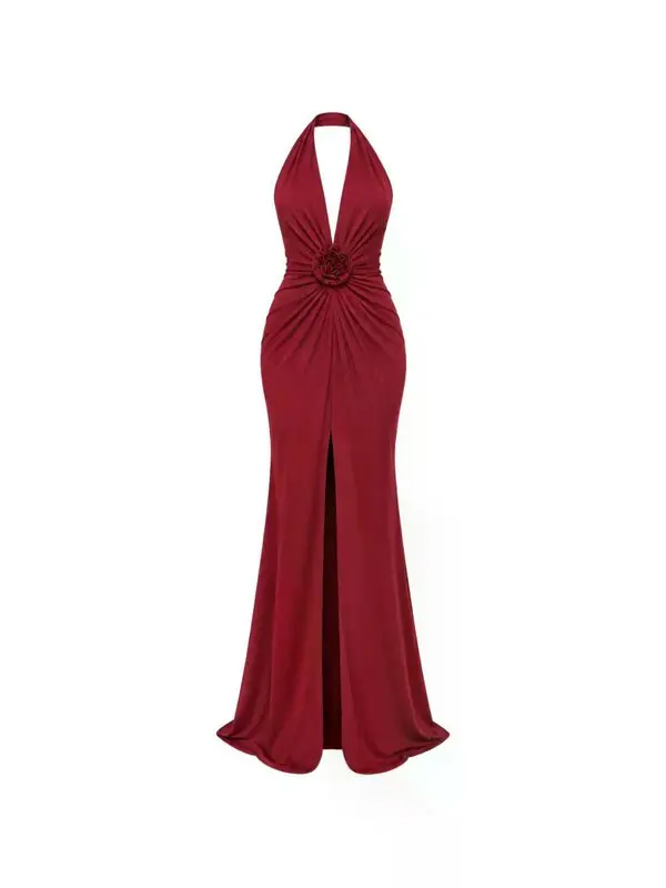 ROSERRY Mallorca Floral-appliqué Halterneck Fitted Maxi Gown Dress