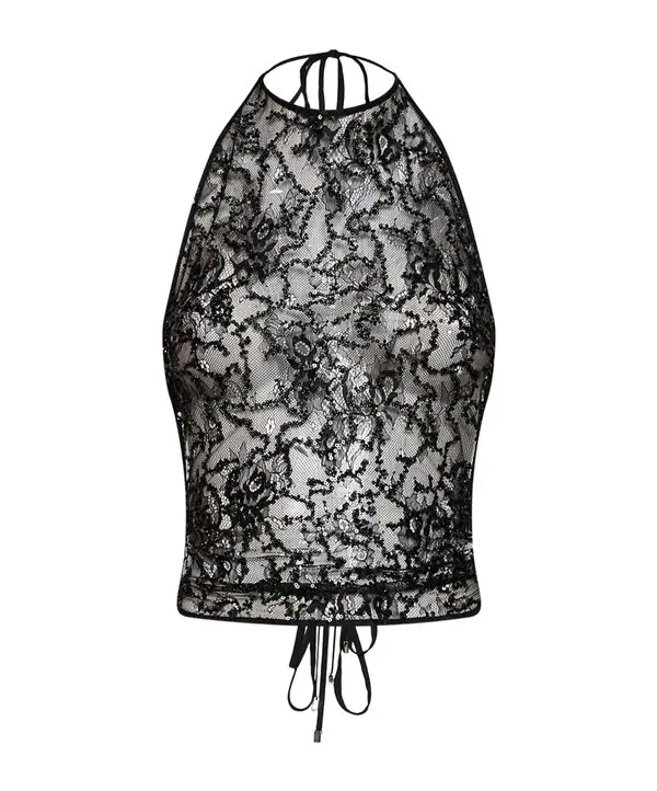 Attico Lace Sequin Halter Top - Black