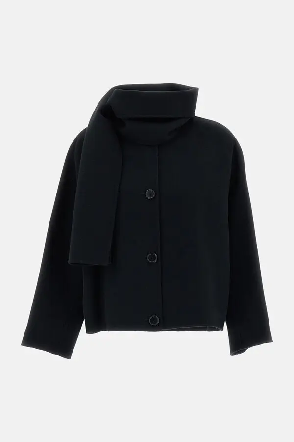 Max Mara Giacca Crop In Drap Di Lana Con Sciarpa - Nero