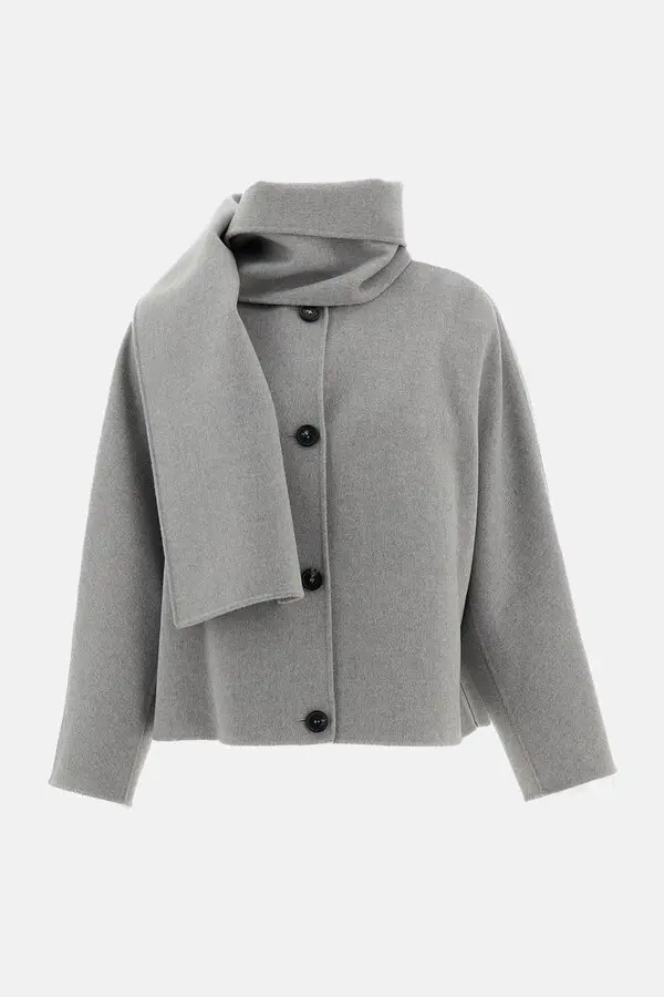 Max Mara Giacca Crop In Drap Di Lana Double Con Sciarpa - Grigio