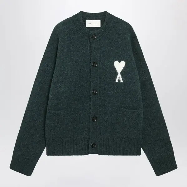 AMI Paris Bottle De Coeur Cardigan In Wool Blend - Green