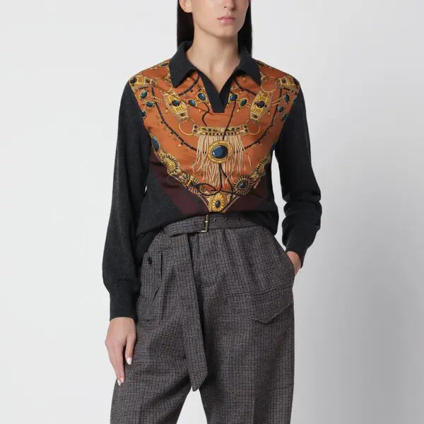 Etro Grey Wool And Cashmere Sweater With Printed Silk Intarsia - Multicolor