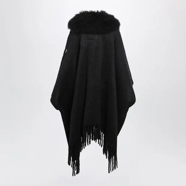 Moncler Cape In Wool, Mohair And Alpaca Blend With Shearling Collar - Black