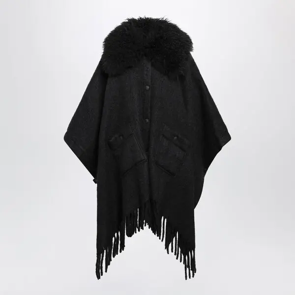 Moncler Cape In Wool, Mohair And Alpaca Blend With Shearling Collar - Black