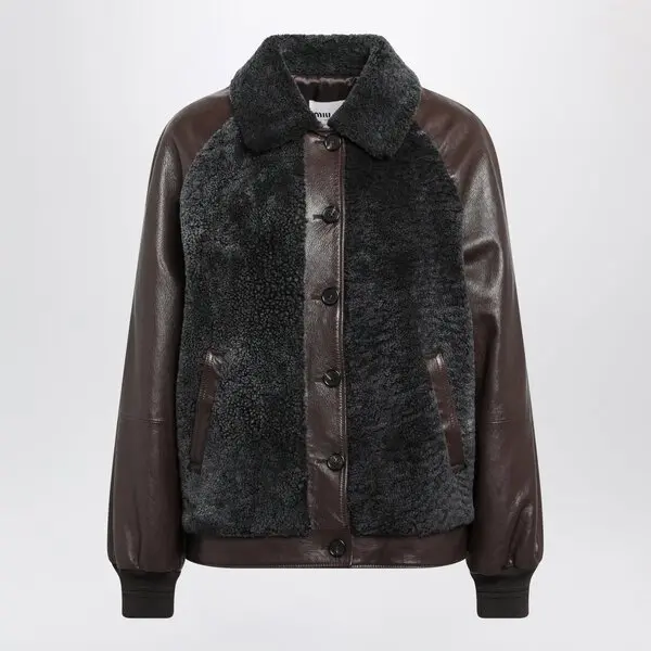 Miu Miu Leather Blouson Jacket With Grey Shearling - Brown