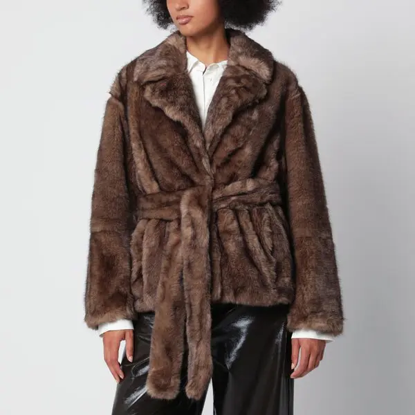STAND STUDIO Brown Silena Jacket In Faux Fur With Belt - Cream