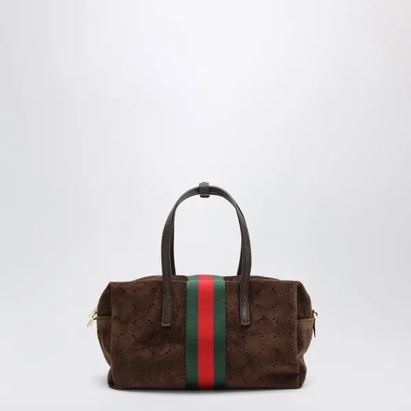 Gucci Boston Bag In Perforated Suede With Gg Logo - Brown