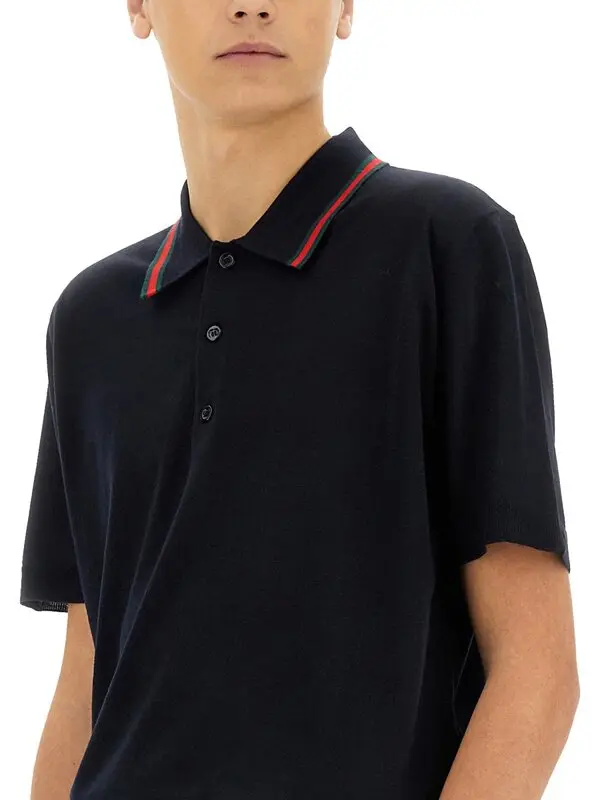 Gucci Knitted Wool Polo Shirt With Web Pattern