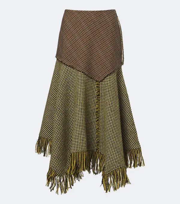 GANNI Fringed Houndstooth Wool-blend Midi Skirt - Multicoloured