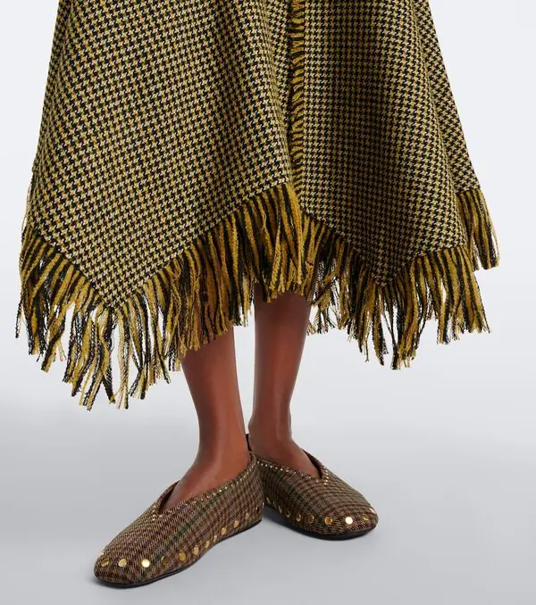 GANNI Fringed Houndstooth Wool-blend Midi Skirt - Multicoloured