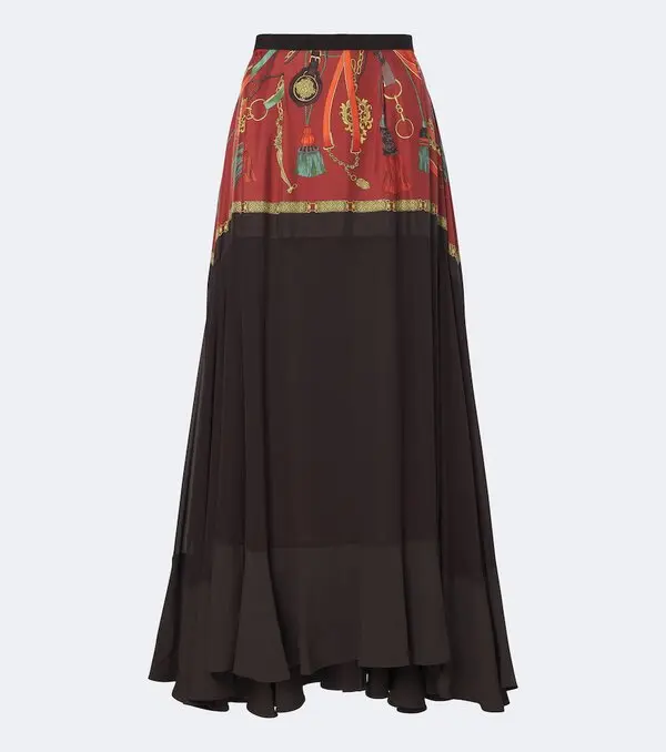 Etro Printed Ruffled Silk Twill Maxi Skirt - Brown