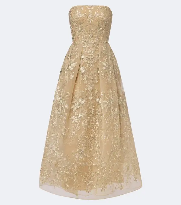 Elie Saab Floral Lace Cocktail Dress - Gold
