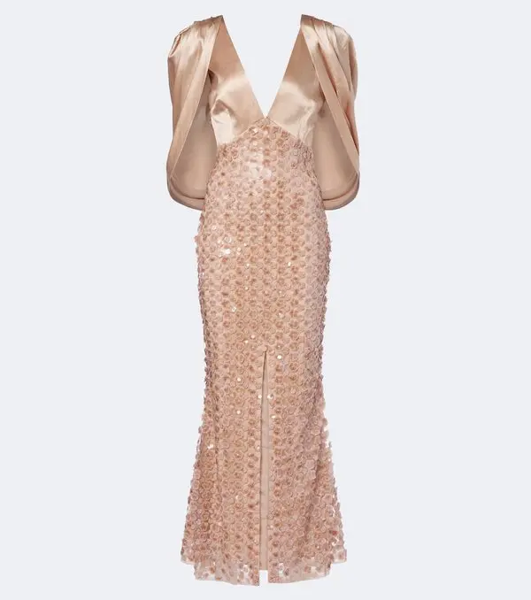 LA FUORI Là Fuori Caped Sequined Silk Satin Gown - Pink