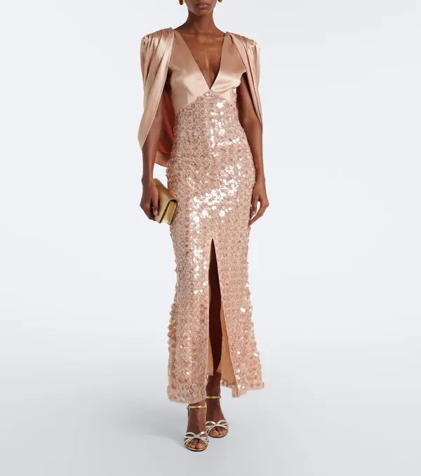 LA FUORI Là Fuori Caped Sequined Silk Satin Gown