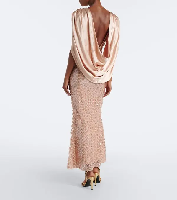 LA FUORI Là Fuori Caped Sequined Silk Satin Gown