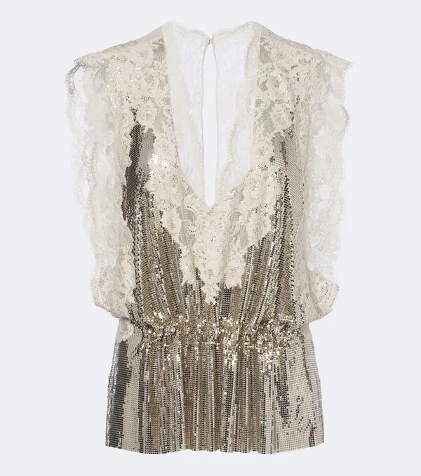 Rabanne Lace-trimmed Chainmail Top - Gold