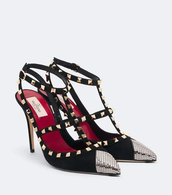 Valentino Garavani Rockstud Chainmail Suede Pumps - Black