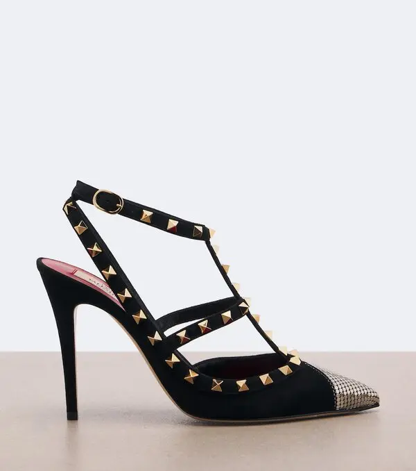 Valentino Garavani Rockstud Chainmail Suede Pumps