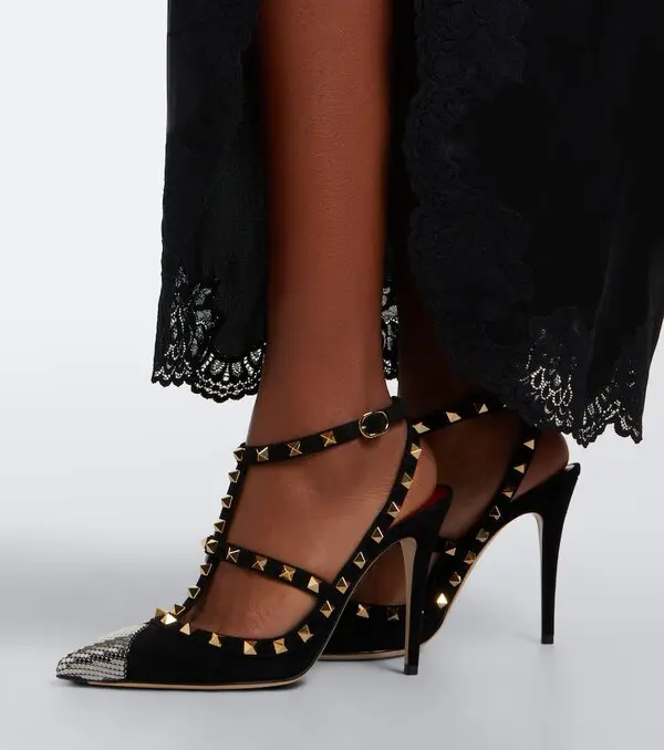 Valentino Garavani Rockstud Chainmail Suede Pumps - Black