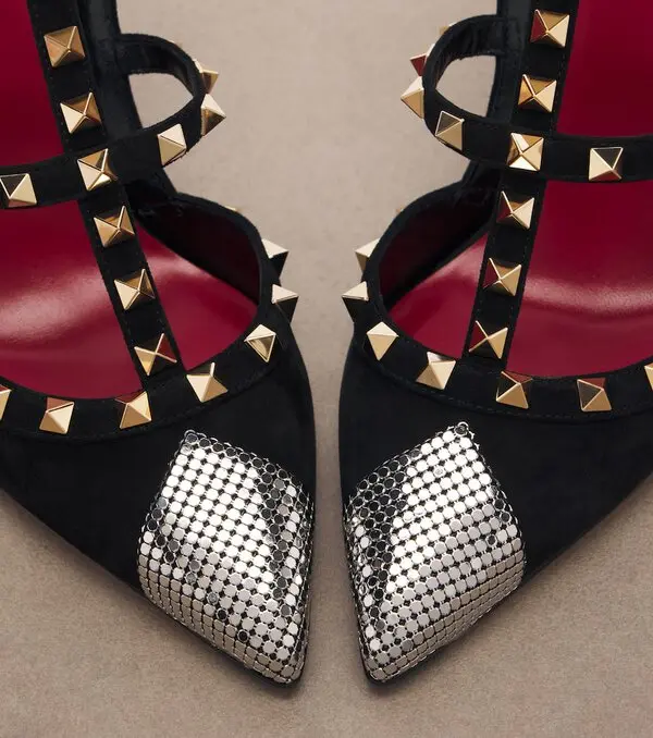 Valentino Garavani Rockstud Chainmail Suede Pumps - Black