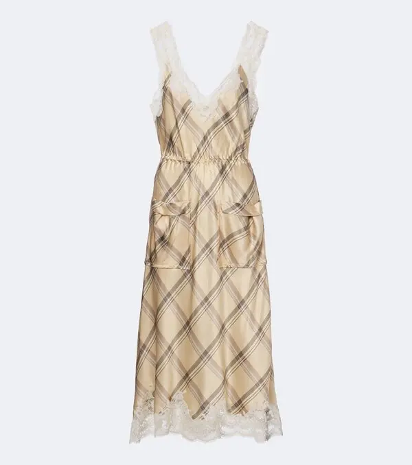 Rabanne Plaid Lace-trimmed Silk Satin Midi Dress