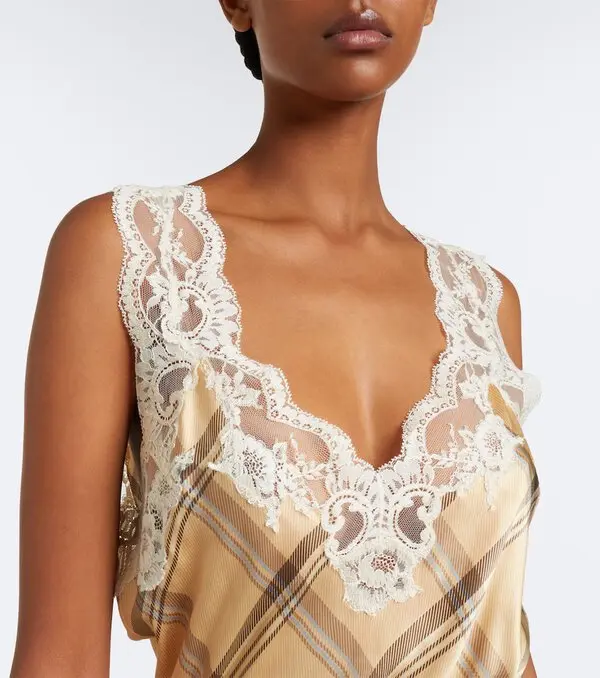 Rabanne Plaid Lace-trimmed Silk Satin Midi Dress