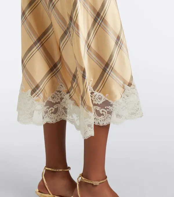 Rabanne Plaid Lace-trimmed Silk Satin Midi Dress