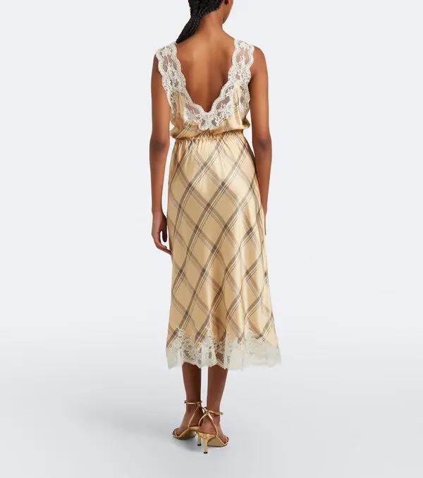 Rabanne Plaid Lace-trimmed Silk Satin Midi Dress