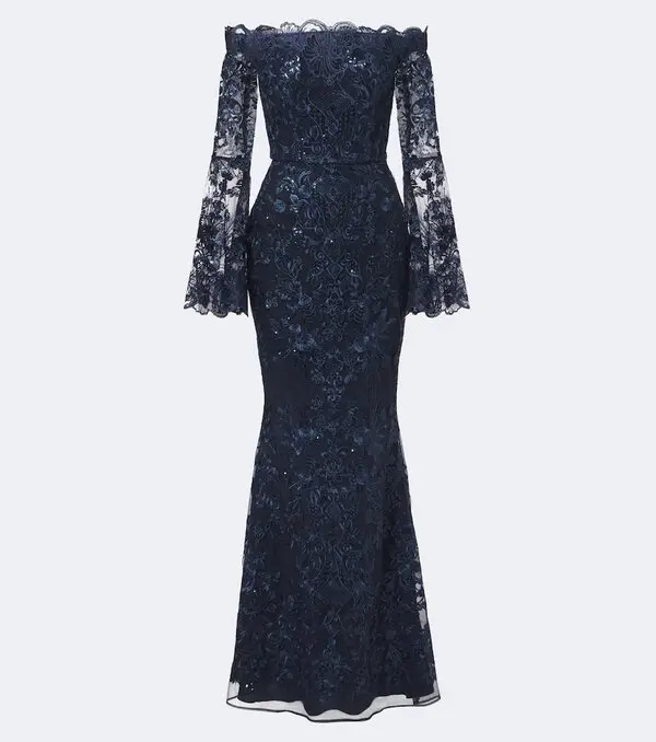 Elie Saab Sequined Off-shoulder Lace Bustier Gown - Blue