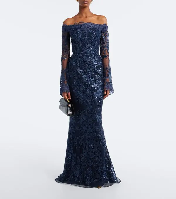 Elie Saab Sequined Off-shoulder Lace Bustier Gown