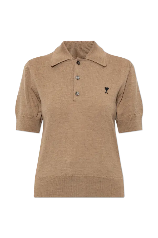 AMI Paris Wool Polo Shirt With Logo - Beige