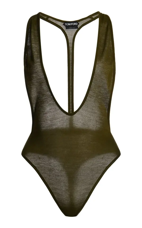 TOM FORD Bamboo Jersey Plunging Thong Bodysuit - Olive