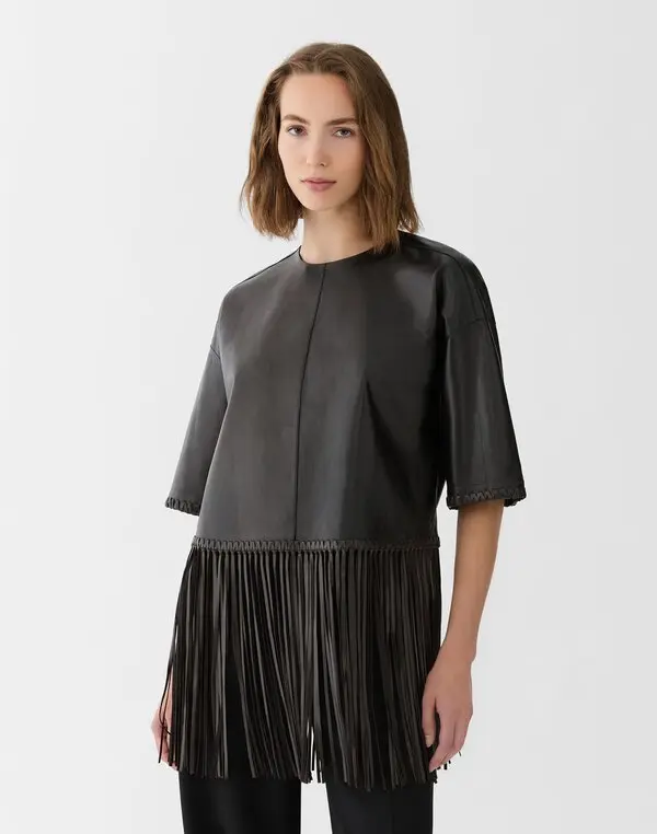 Lafayette 148 New York Nappa Leather Whipstitch Fringe Cropped Blouse - Black
